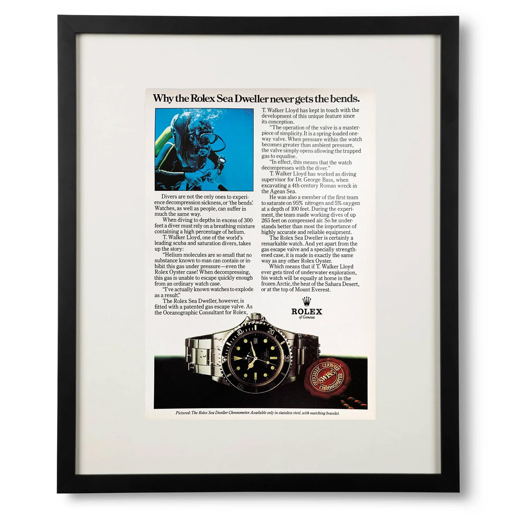 Framed Rolex Sea-Dweller Scuba Diving Advertisement | Authentic ...