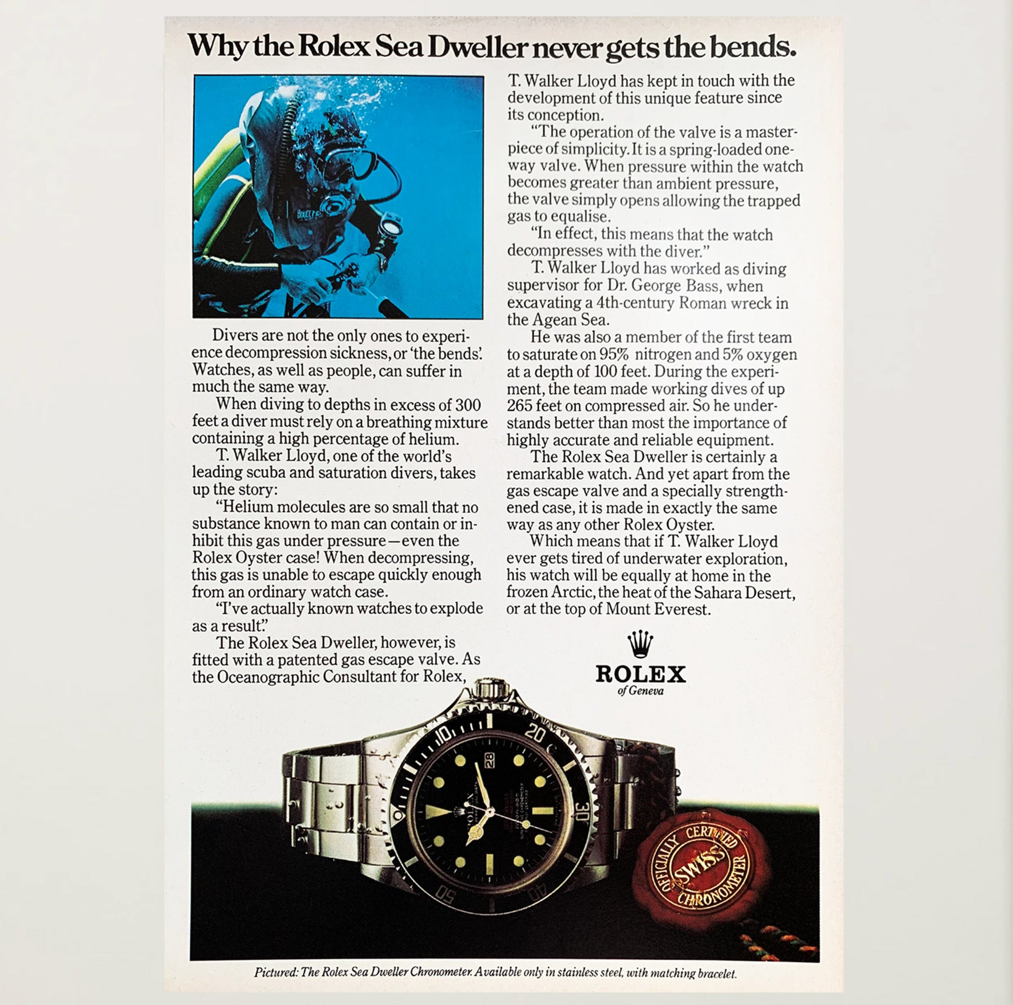 Framed Rolex Sea-Dweller Scuba Diving Advertisement | Authentic ...