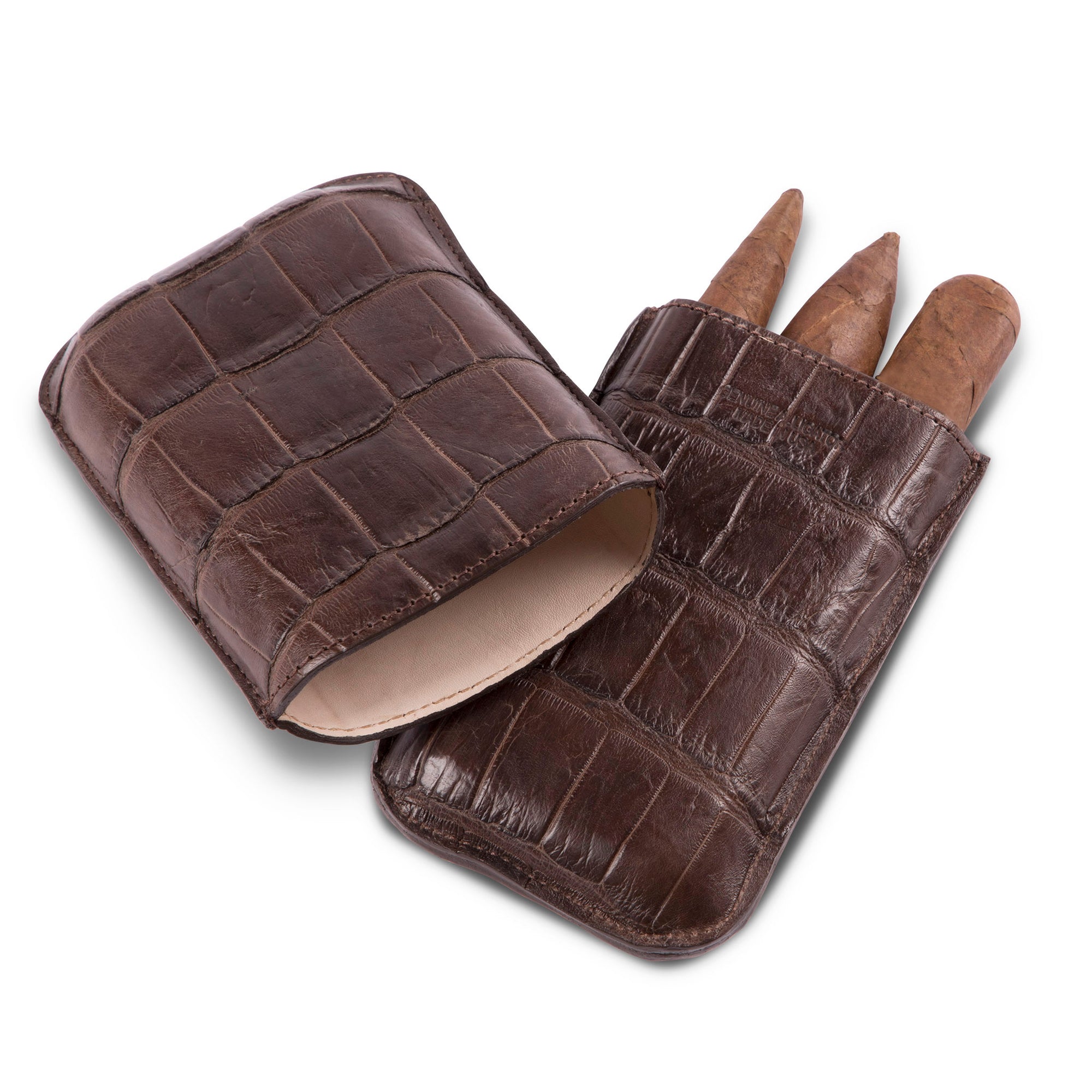 Chocolate Brown Alligator Leather Three Cigar Case